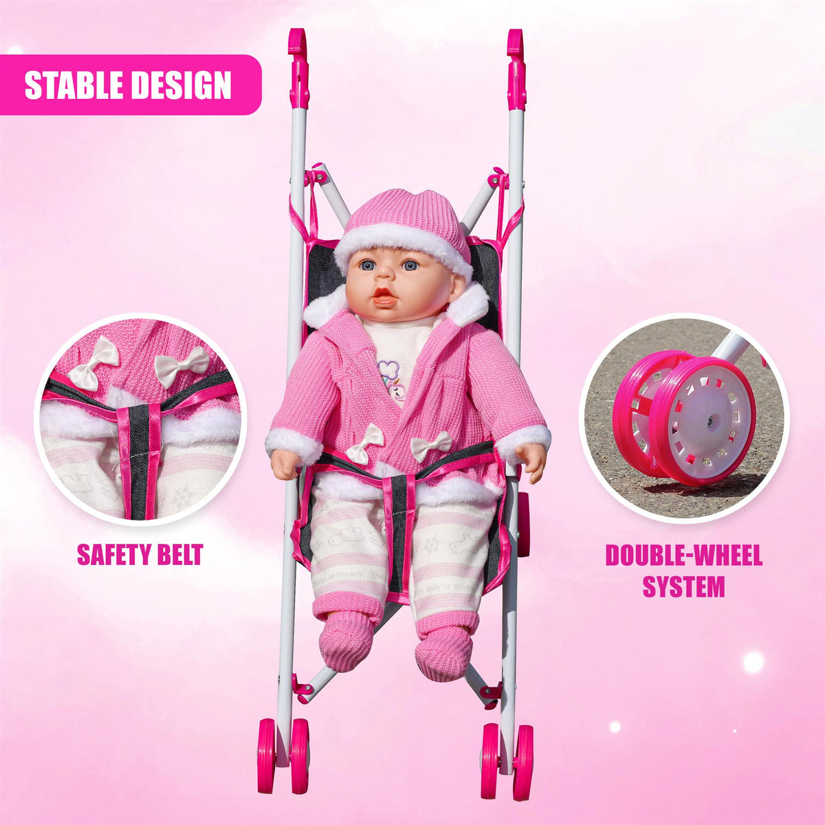 Pink Baby Doll Foldable Stroller by BiBi Doll | The Magic Toy Shop