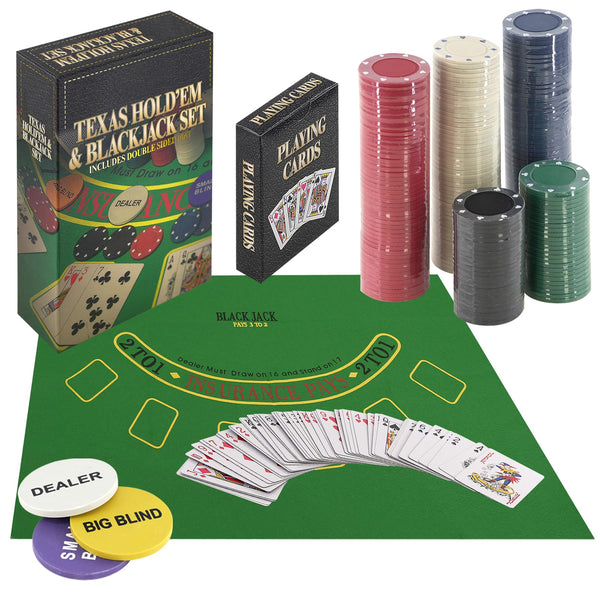 Texas Holdem Blackjack Poker Set Gift Box with 200 Chips 2 Decks of Cards and Double sided Felt Mat for Classic Casino Games at Home or Office