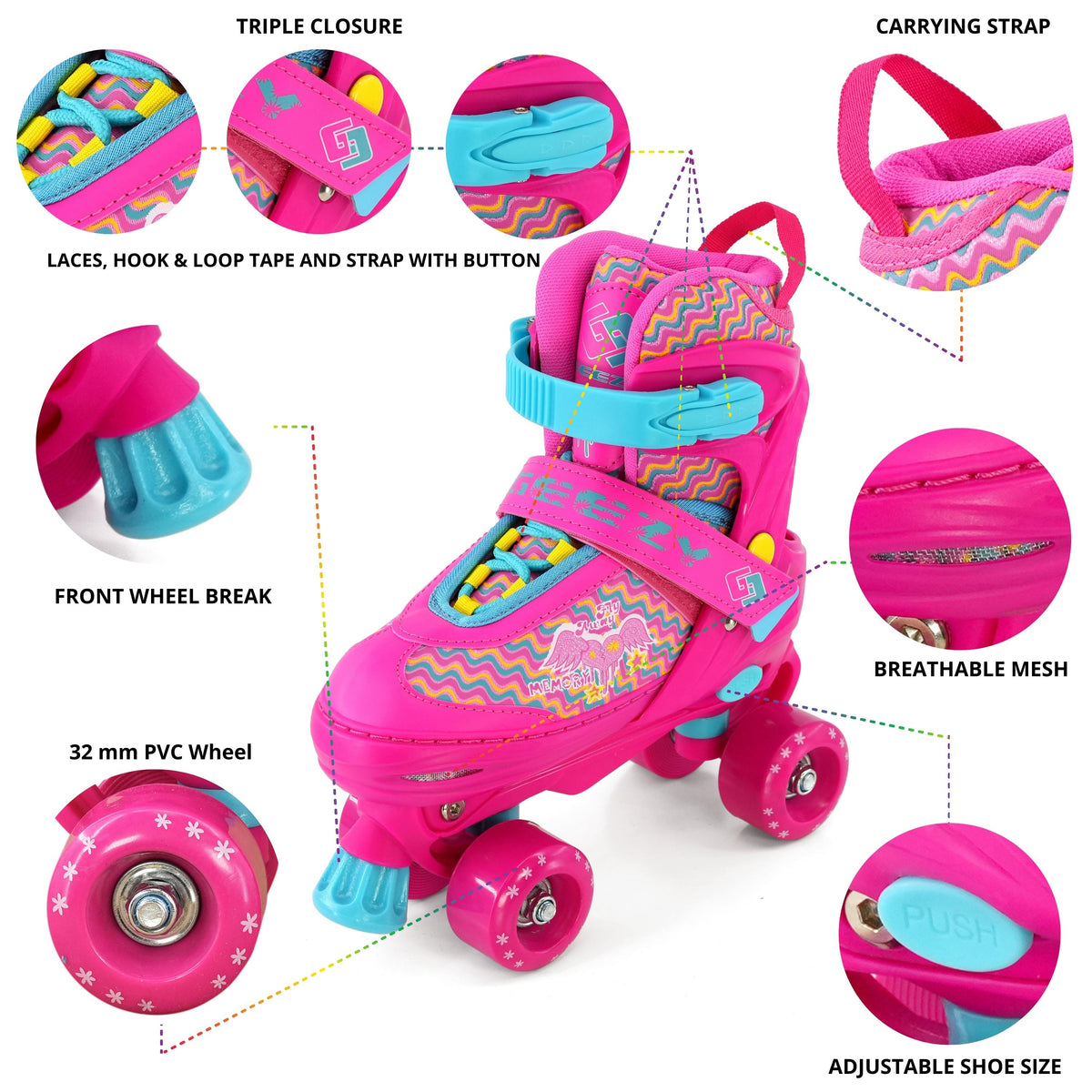 Pink Roller Skates for Kids with 4 Wheel Adjustable Sizes by The Magic ...